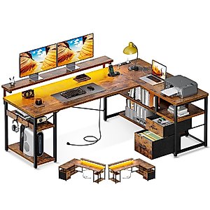 ODK L Shaped Gaming Desk with File Drawers, Reversible Computer Desk with Power Outlets & LED Lights, Home Office Desk with Storage Shelves, 61 Inch Bedroom Corner Desk with Monitor Stand, Vintage