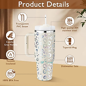 Ochapa 40 oz Tumbler with Handle Leopard Straw Lid Insulated Stainless Steel Vacuum Reusable Cup Holder Friendly Keep Drinks Cold Gifts for Women Lover Car Gym Travel, White Cheetah+Black Cheetah