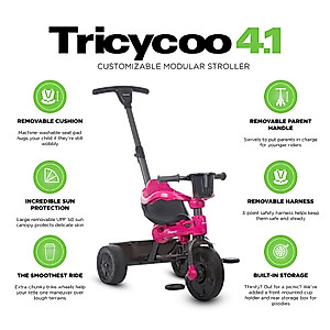 Joovy Tricycoo 4.1 Kids Tricycle with 4-Stages Featuring Extra-Wide Front Tire, Removable and Adjustable Parent Handle, Safety Harness, Machine-Washable Seat Pad, and Retractable Canopy (Pink)
