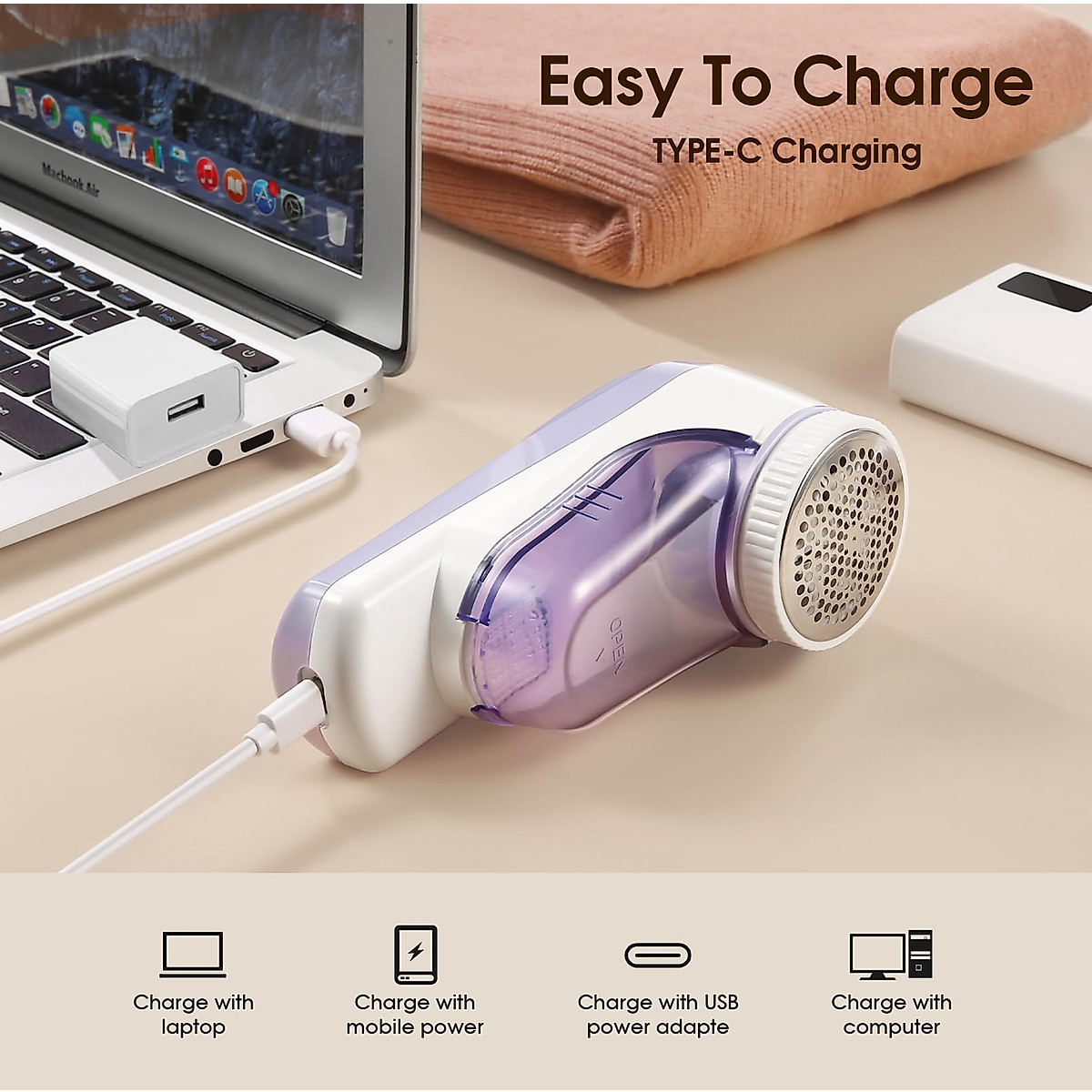 Yomeie Fabric Shaver, Rechargeable Sweater Shaver, Lint Shaver with 6-Leaf Blades, Electric Lint Remover for Clothes & Furniture, Couch Pilling Remover Depiller for Removing Fuzz, Lint, Pills, Bobbles