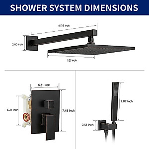 BWE Shower Faucet Oil Rubbed Bronze 12 Inch Square Bathroom Luxury Rain Mixer Shower Combo Set 2-Functions Wall Mounted Rainfall Shower Head System Rough-in Valve Body and Trim Included