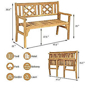 Tangkula Folding Wood Garden Bench, 2 Person Foldable Acacia Patio Bench with Heavy Duty Structure, Locks, Wide Curved Armrest and Backrest,for Yard, Deck, Balcony, Park (Teak)