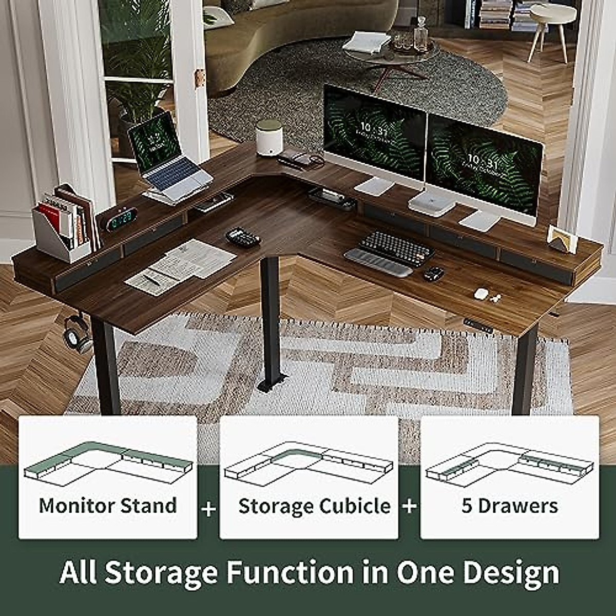 FEZIBO Triple Motor 75" L Shaped Standing Desk with 5 Drawers, Reversible Electric Standing Gaming Desk Adjustable Height, Corner Stand up Desk with Splice Board, Black Frame/Black Walnut Top