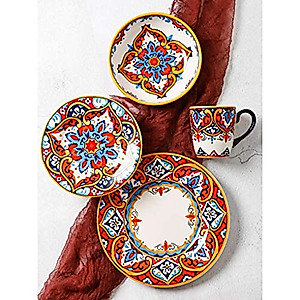 Fine Dinnerware Set,4 Pieces Rustic Style Red Vintage Pattern Ceramic Tableware Porcelain Plate Bowl Mug Dinner Gift