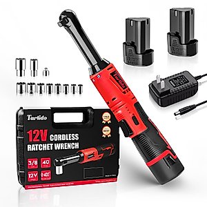 Tarlido 3/8" Electric Ratchet Wrench, 4" Extended 40 Ft-Lbs 400 RPM 12V Cordless Battery Powered Ratchet Wrench Set with LED Light, Including 2 Batteries, 11 Sockets and Fast Charge