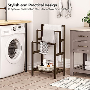 HOOBRO Standing Towel Rack, 3-Tier Blanket Rack Holder, 16.5" L x 11.8" W x 30.3" H, Bamboo Drying and Display Rack with Shelf, for Bedroom, Living Room, Bathroom, Mocha MA03LB01