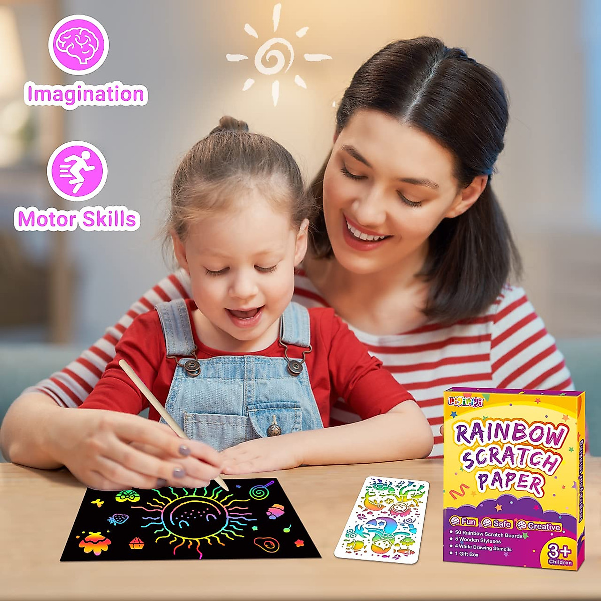 pigipigi Scratch Paper Art for Kids - 60 Pcs Rainbow Magic Scratch Off Art Crafts Set Supply Drawing Note Kit for Girls Boys Toddler Party Favor Activity Game Birthday Christmas Easter Toy Gift