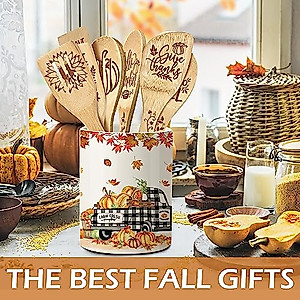 pinata Fall Kitchen Decor, Kitchen Utensil Holder for Countertop, Truck Pumpkin Kitchen Cooking Utensils Set with Holder, Kitchen Utensil Organizer with Bamboo Utensils(5.12" x 5.12" x 6.3")