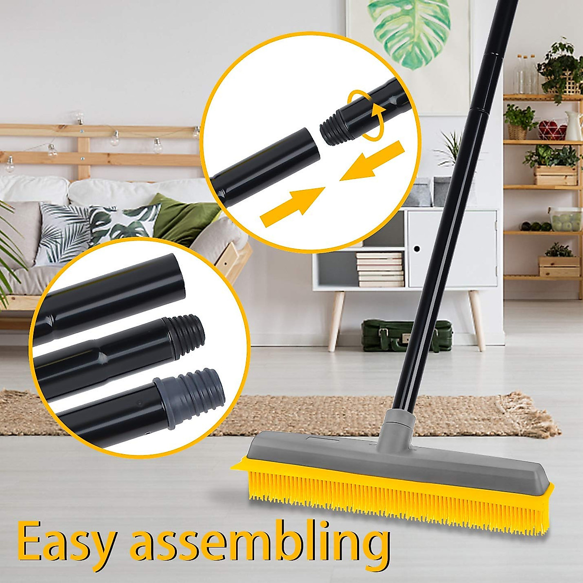 Pet Hair Broom Rubber Broom 59" Long Handle with Build-in Squeegee Silicone Broom for Sweeping Hardwood Floor Tile
