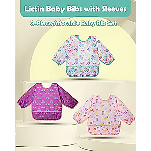 Lictin 3 Pack Baby Bibs for Boy or Girl, Cute Long Sleeve Bib, Waterproof Bibs for Toddlers,Adjustable Closure Baby Smock, Mess Proof Baby Bib, 6-24 Months Reusable Infant Baby Bibs