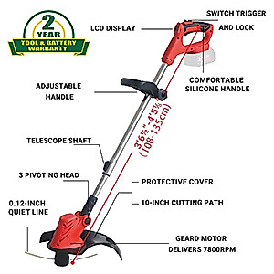 Cordless String Trimmer & Edger, T TOVIA 10 Inch Electric Weed Eater with LCD Power Display, Handle and Height Adjustable Grass Trimmer for Garden Yard, 21V 2.0Ah Battery and Charger Included