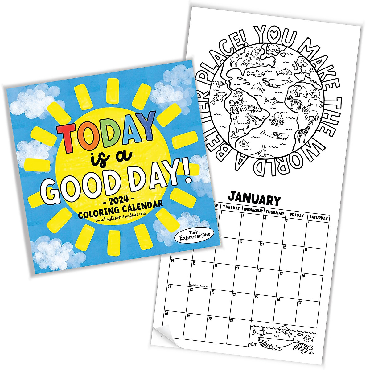 Tiny Expressions - Inspirational Coloring Calendar for Kids - Today is a Good Day 2024 Wall Calendar - Home or Classroom Kid Learning Calendars with Inspirational Quotes - Children's Calendar - 12x12 inches