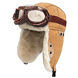 Peicees Aviator Hat and Goggles for Adult Costume Accessories Kids Pilot Cap Vintage Goggles Trapper Hat with Fur Ear Flaps