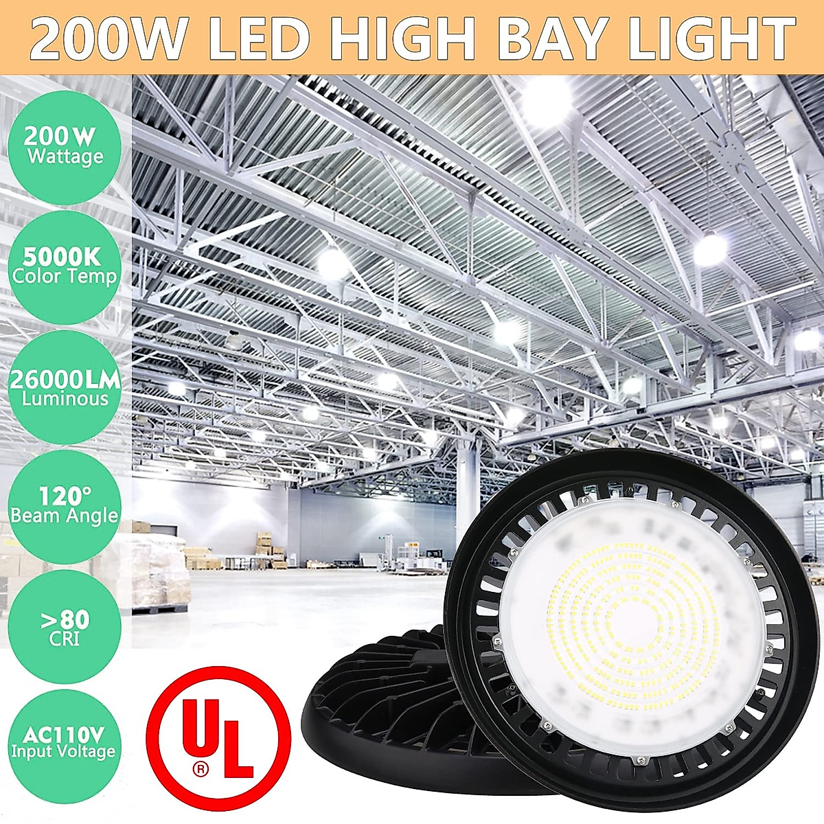 2Pack 200W LED High Bay Light Fixture for Warehouse, 120V 5000K Daylight, 26000LM (800W-1000W HPS/MH Eqv.), UFO LED Highbay Lights with US Plug 6FT Cable, UL IP65 Commercial Bay Lighting,Non-Dim