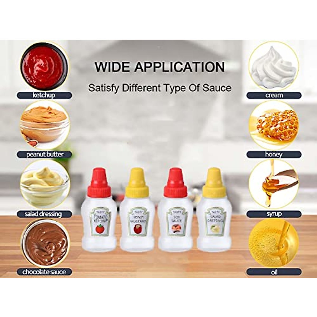 THYULIFE 4Pcs Mini Condiment Squeeze Bottles with Cleaning Brush, 25ml Leakproof Mini Ketchup Sauce Bottles Refillable Ketchup/Soy Sauce/Honey/Salad Dressing Bottles Container for Lunch Box, BPA Free