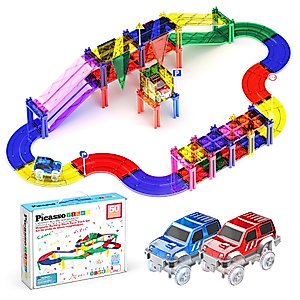 PicassoTiles 50 Piece Race Car Track Building Block Educational Toy Set Magnetic Tiles Magnet DIY Playset 2 Light Up STEM Learning Construction Kit Hand-Eye Coordination Fine Motor Skill Training