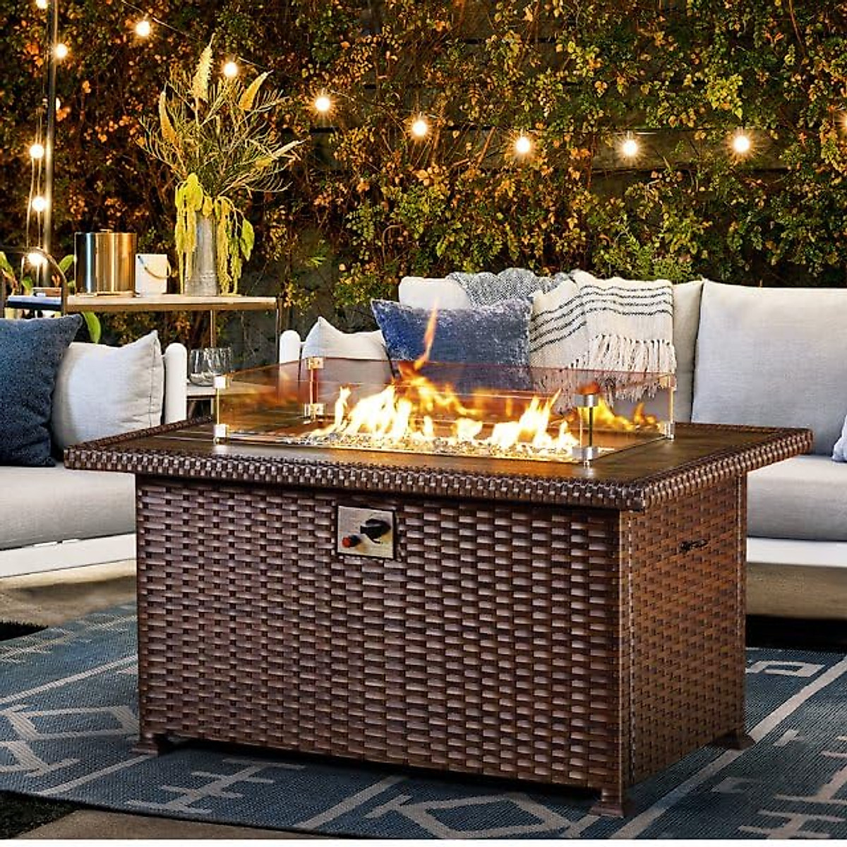 HOMREST Propane Fire Pit Table, 50 Inch 50,000 BTU Auto-Ignition Gas Fire Pit Table Rectangular, Wind Guard,Cover,Wood Plastic Composites Tabletop, CSA Certification Firepit for Outdoor Patio Lawn