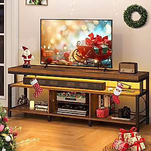 YITAHOME LED Television Stands w/Power Outlets for 70/65 inch, Modern Industrial TV Stand, Entertainment Center w/Open Storage, Entertainment Center for 360lbs for Living Room, Retro Brown