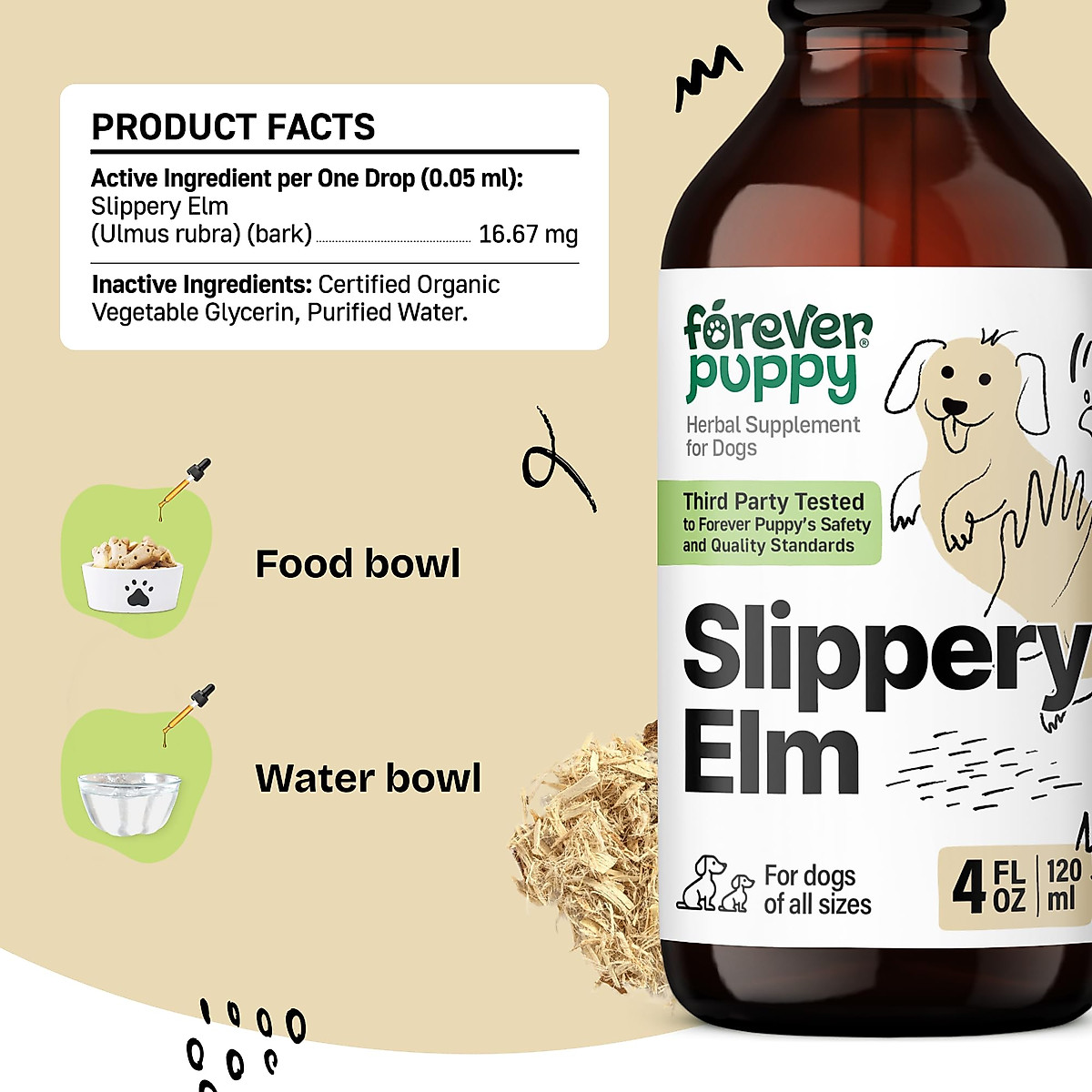 Slippery Elm Drops for Dogs - Gut Health Supplement w/Slippery Elm Bark - Soluble Fiber Digestive Drops for Dogs - Liquid Dog Vitamins and Supplements for Pet's Happy Tummy - 4 oz