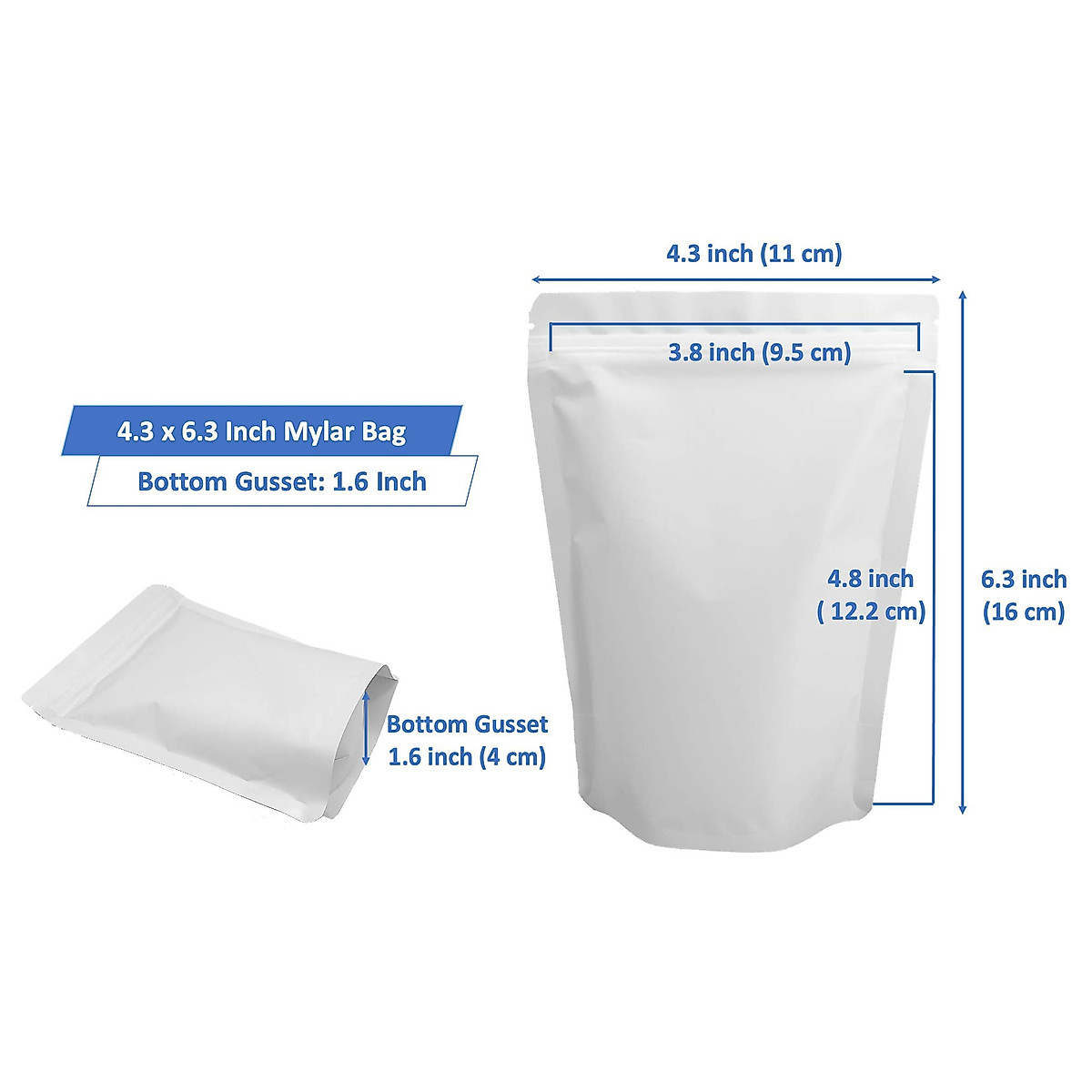 Chamigon 100 Pack Resealable Mylar Stand Up Pouch for Food Storage - 4.3x6.3 Inches Smell Proof Packaging Bag, Heat Sealable Foil Zipper Bags, Sample Pouches – Matte White