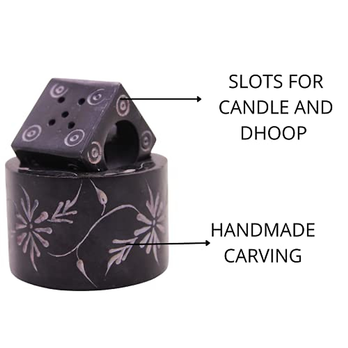 KC KULLICRAFT Hand Carved Black Soapstone Incense Holder | Candle Stick Burner | Tea Light Stand. Decorative Round Shape Carving for Home and Office Decor. (2.5 x 2.5 x 2 Inches)