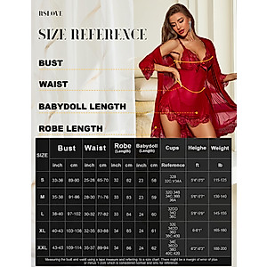 RSLOVE Women Sexy Lingerie Set 3 Piece Babydoll & Lace Kimono Robe Strap Chemise Mesh Sleepwear Wine Red L