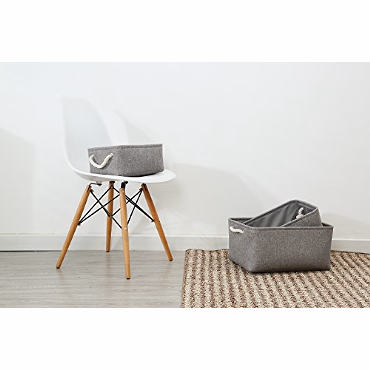 Collapsible Storage Basket Bins, Decorative Foldable Rectangular Linen Fabric Storage Box Cubes Containers with Handles- Medium Organizer For Nursery Toys,Kids Room,Towels,Clothes, Grey14Lx10.2Wx5.9H