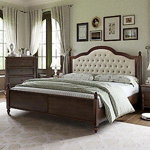 AMERLIFE King Size Solid Wood Bed Frame, Transitional Platform Bed with 52.5" Upholstered Tufted Headboard, Rubberwood/Roman Column Accents/Wood Slat Support/No Box Spring Needed