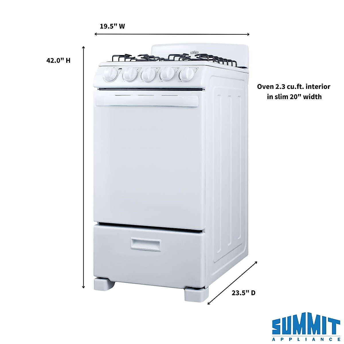 Summit 20” Gas Range, 4 Burners, Full 2.3 cu.ft Oven - (ADA Compliant) - RG200WS