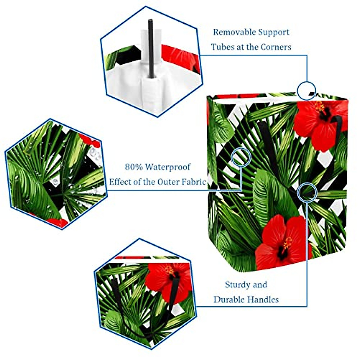 Red Hibiscus with Leaves in Striped Print Collapsible Laundry Hamper, 60L Waterproof Laundry Baskets Washing Bin Clothes Toys Storage for Dorm Bathroom Bedroom