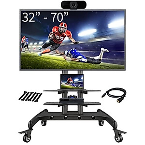 Blue Key World Rolling TV Stand with Large Wheels for 32 to 70 Inch Flat Screens [Mobile TV Stand, Adjustable Height, Indoor/Outdoor TV Stand] Portable Standing Mount, TV Cart Monitor Floor Stand