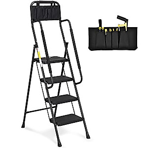 HBTower 4 Step Ladder with Handrails, Folding Step Stool with Attachable Tool Bag & Anti-Slip Wide Pedal for Home Kitchen Pantry Office, 330lbs Capacity Black
