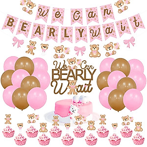 Pink Teddy Bear Baby Shower Theme Party Supplies, We Can Bearly Wait Banner Cake Topper Ballons for Girls Baby Bday, Weclome Baby, Bear Theme Baby Shower, Gender Reveal Party Decorations