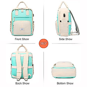LOVEVOOK Laptop Backpacks for Women,Lightweight Cute Backpack with USB Charging Port Aesthetic Casual Travel Backpack 15.6 Inch,White&Green