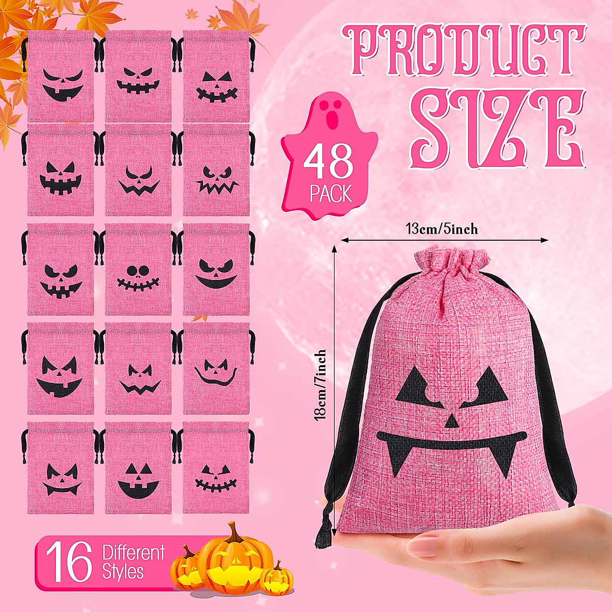 Paterr 48 Pcs 5 x 7 Inch Halloween Burlap Treat Bags Bulk Halloween Party Favors Pumpkin Goody Gift Bags with Drawstring Small Candy Pouches for Kids Halloween Trick or Treat Candy Bags(Pink)