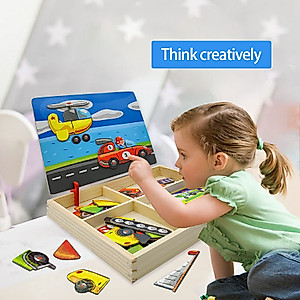 wskvoker 85-Pieces Magnetic Puzzle Drawing Board,Preschool Educational Learning Toys Set for 3 4 5 Year Old Boys Girls,Transportation Cognition Puzzles Travel Toy with Organize Box.