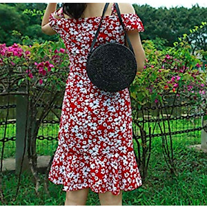 Kbinter Handwoven Round Rattan Straw Bag for Women Shoulder Leather Button Straps Natural Chic Handmade Boho Bag Bali Purse, Black, Large