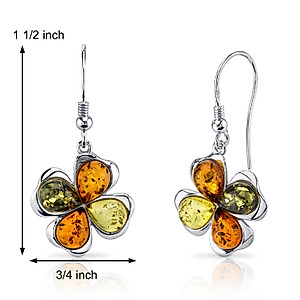 Peora Genuine Baltic Amber Shamrock Lucky Clover Earrings for Women 925 Sterling Silver, Pear Shape, Rich Multiple Colors, Fishhooks