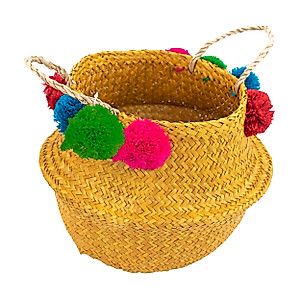 ShelterCast Dyed Seagrass Belly Basket with 8 Pompoms And Handle. (Yellow(Large))