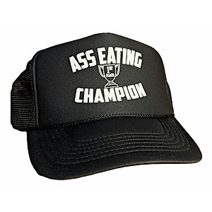 Ass Eating Champion Snapback Trucker Hat for Men or Women, Vintage Fit with Funny Novelty Graphic, Black Custom Mesh Cap