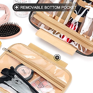 COOSKY Travel Hanging Toiletry Bag for Women, Holds Full-Size Shampoo, with Jewelry Organizer Compartment, Extra Large Makeup Bag, Waterproof Cosmetic Bag, Toiletries Kit Set with Trolley Belt, Black