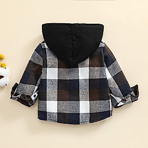 Kids Little Boys Girls Baby Long Sleeve Button Down Hooded Plaid Shirt Red Plaid Flannel Outfits (Coffee, Tag 80, US 6-12 Months)