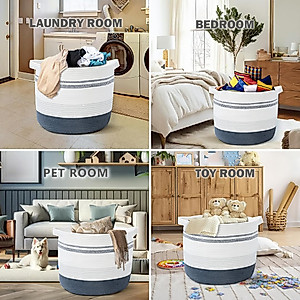 Homify Blanket Basket 100% Cotton Rope Woven Baskets for Storage 22"x14" 90L XXX-Large Laundry Basket with Soft Handle Rope Basket for Living Room, Toy, Pillow & Clothes - Gray & White
