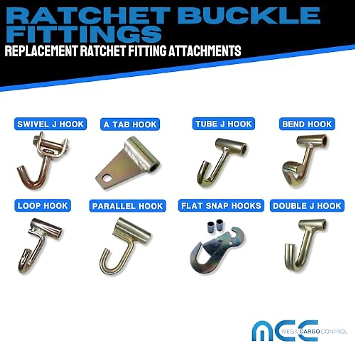 Mega Cargo Control Flat Snap Hook w/Spacers Replacement Ratchet Fittings | for Ratchet Buckles and Tie Down Straps | Secure Hooks in Tow Truck Trailer (8-Pack)