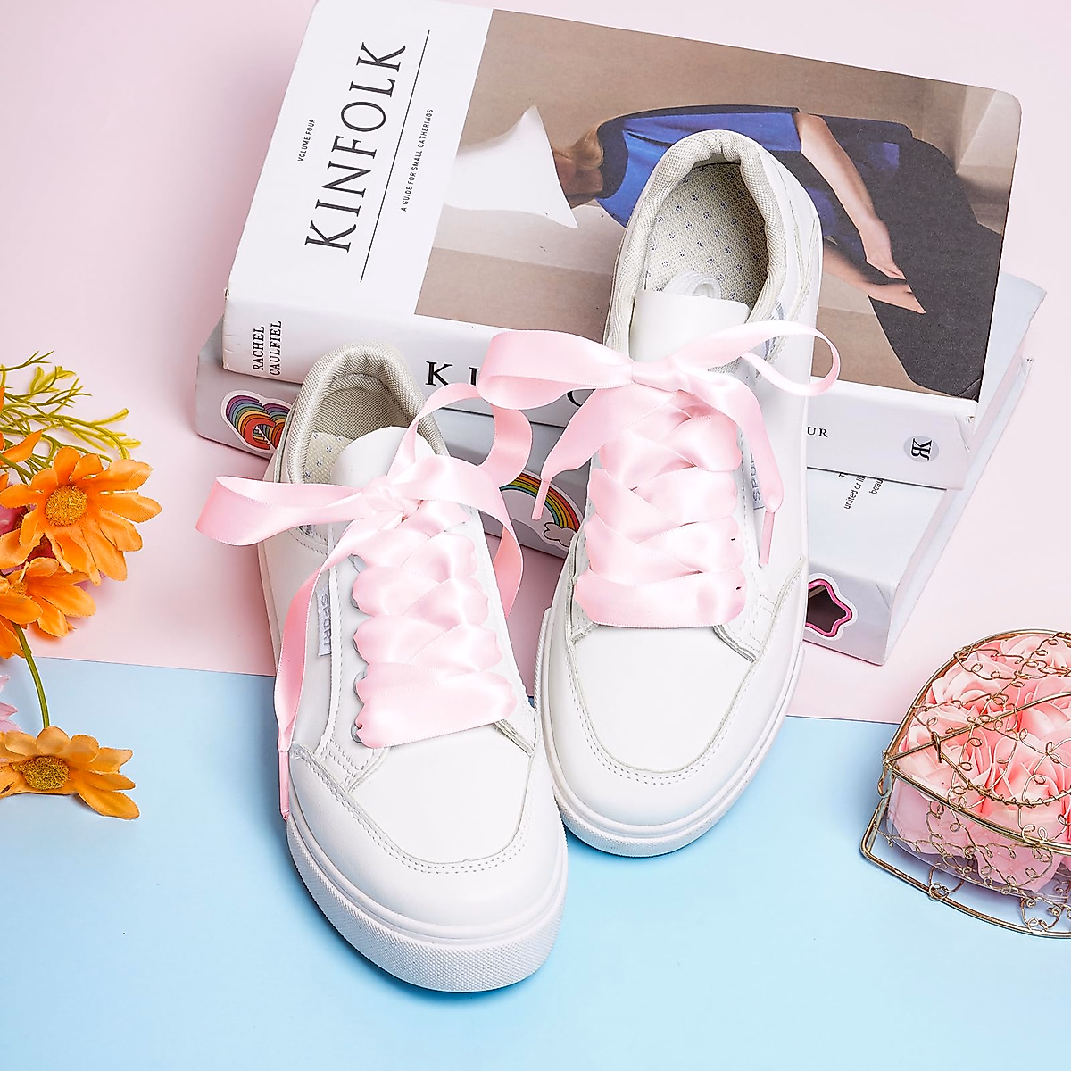 Marrywindix 2 Pairs 47" Flat Satin Ribbon Shoelaces Pink Silk Shoestrings Wide Shoe Laces for Sneakers Skate Shoes Boots Sport Shoes