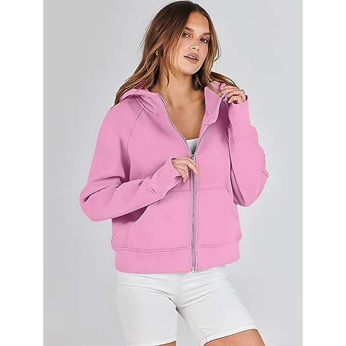 ANRABESS Women's Zip Up Cropped Hoodie Oversized Fall Sweatshirts Y2k Jacket Workout Crop Tops Rib Knitted Casual Long Sleeve Shirts Comfy Clothes A1015fense-M Pink