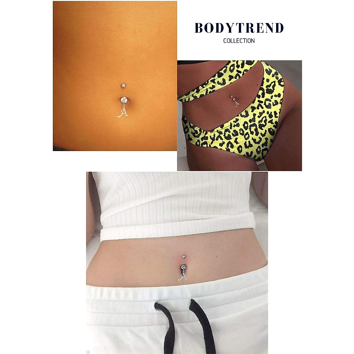 Bodytrend Initial Dangle Belly Button Rings with CZ Crystals in Silver Letters A to Z - British Standard - Certified by Sheffield Assay Office