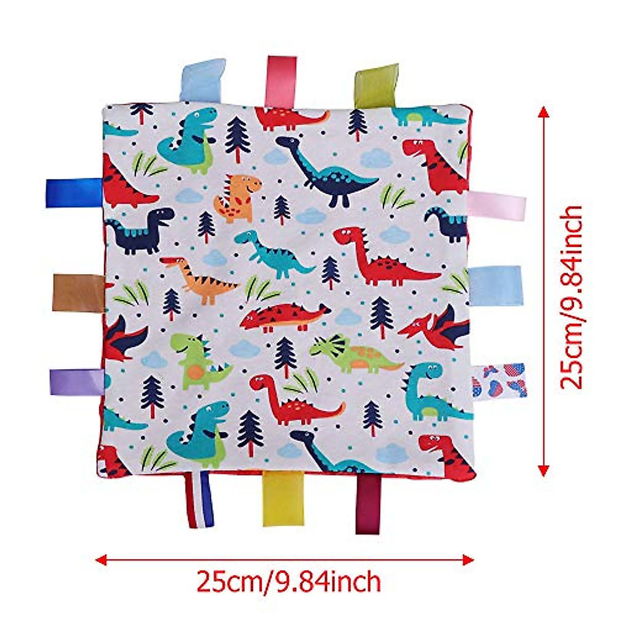 G-Tree Baby Comfort Blanket with Tag, Multi-Coloured Dinosaurs Tag, FOMUNI Taggy Blanket - Red Textured Underside