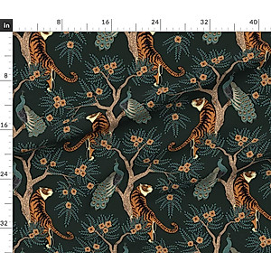 Spoonflower Fabric - Tiger Chinoiserie Bengal Peacock Asian Inspired Dark Teal Orange Printed on Petal Signature Cotton Fabric by The Yard - Sewing Quilting Apparel Crafts Decor
