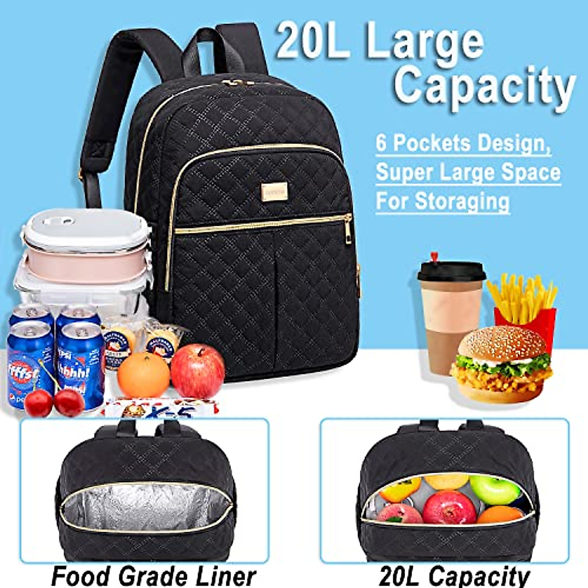 Weitars Lunch Backpack For Women Men,20L Cooler Backpack Insulated Lunch Bag For Women With Side Pockets Waterproof,Meal Prep Backpack,Adult Backpack Cooler For Lunch Picnic Hiking Camping Beach